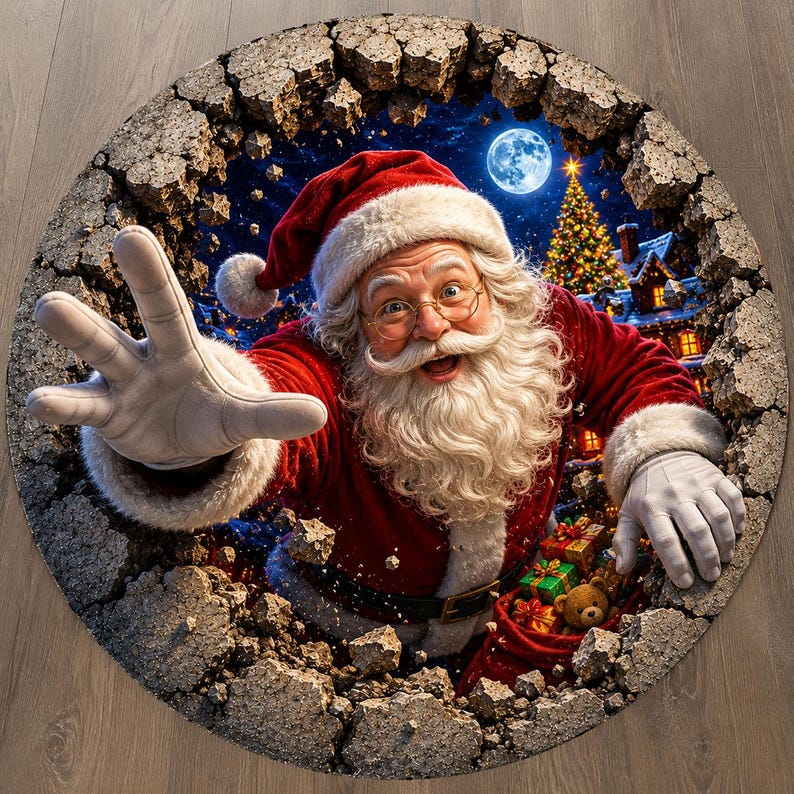 3D Santa Breakthrough Round Rug, Christmas Optical Illusion Carpet ...