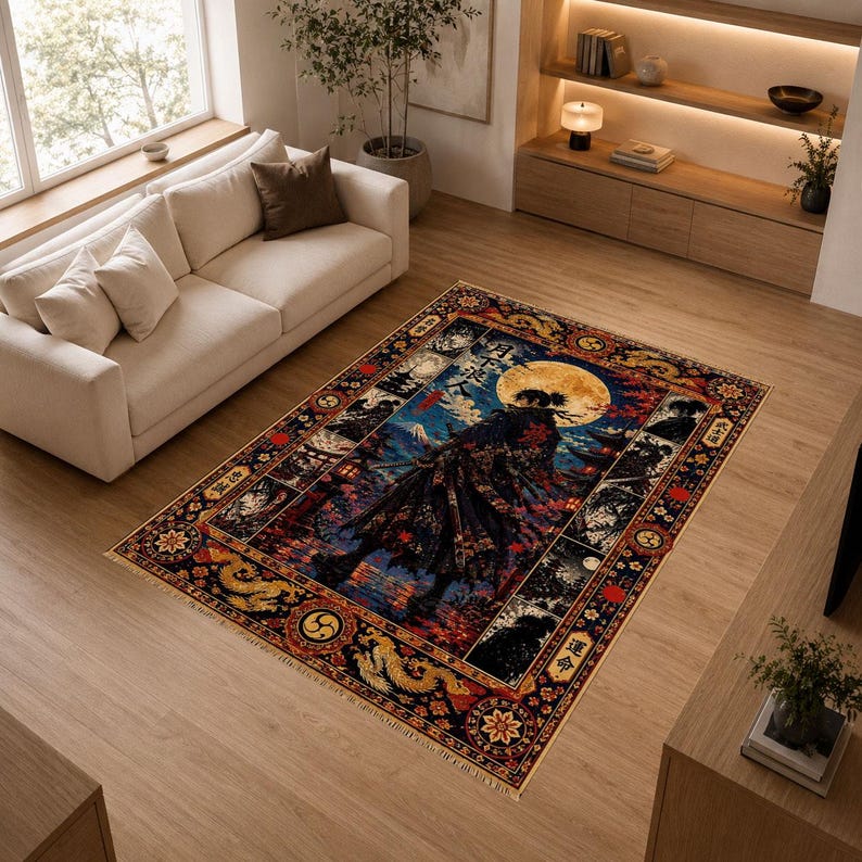 Samurai Ronin Rug, Full Moon Japanese Nightscape Area Rug, Oriental ...