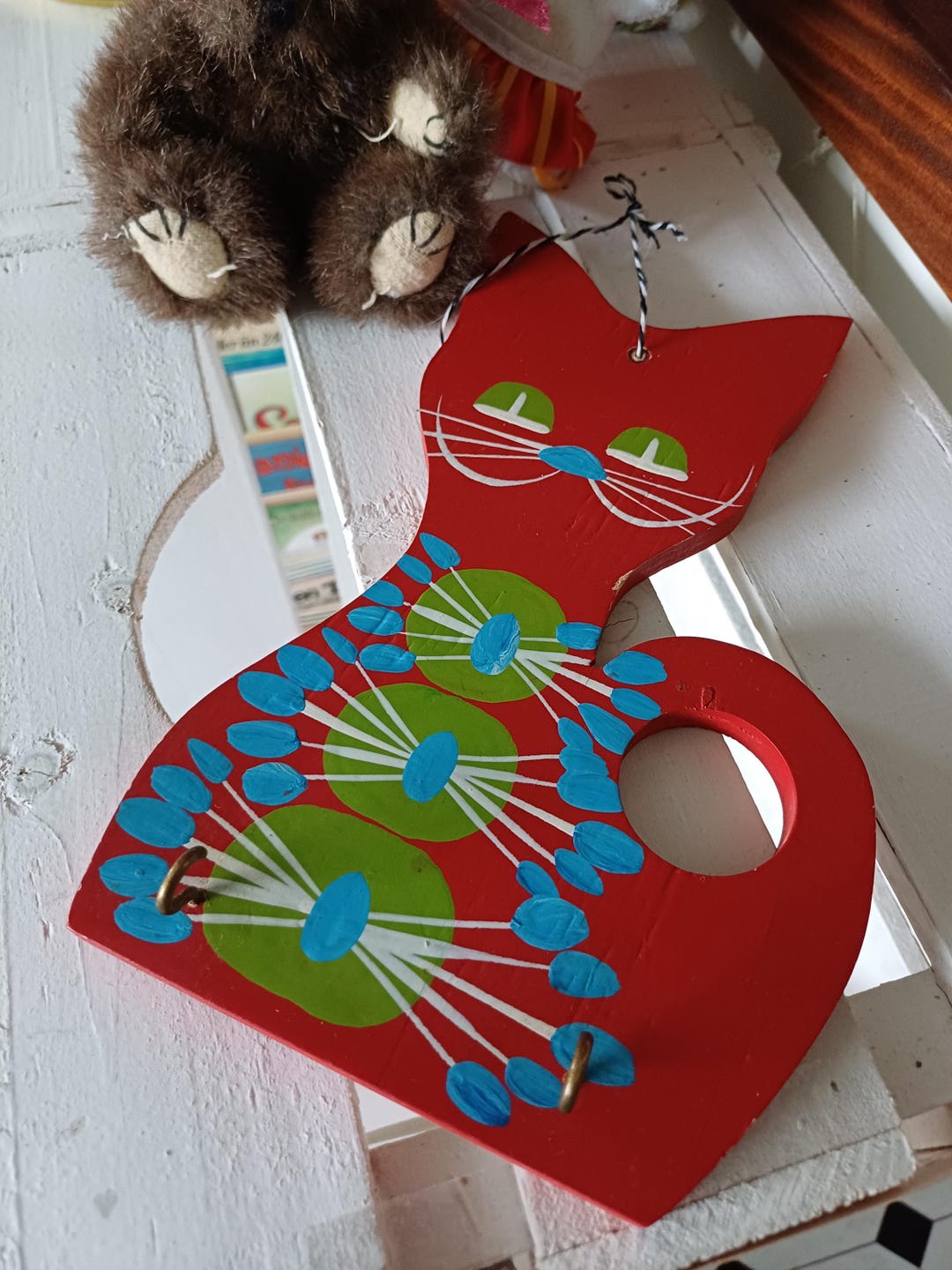 Vintage Swedish Wooden Hook Hanger Cat Motif Hand Painted Childrens ...