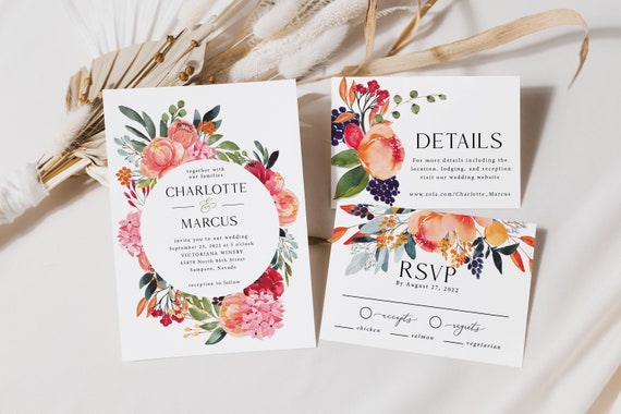 Bright Floral Wedding Invitation Printed Set Summer Wedding - Etsy