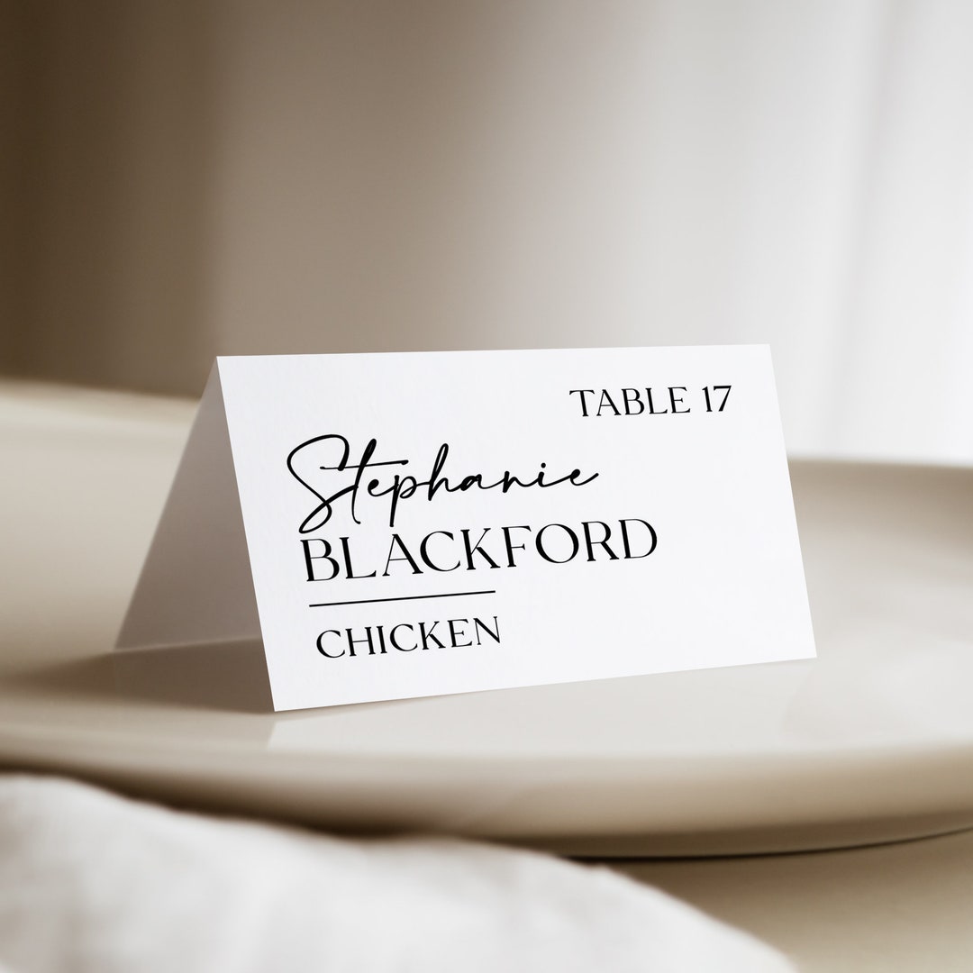 Simple Wedding Place Cards With Meal Choice, Printed Name Cards ...