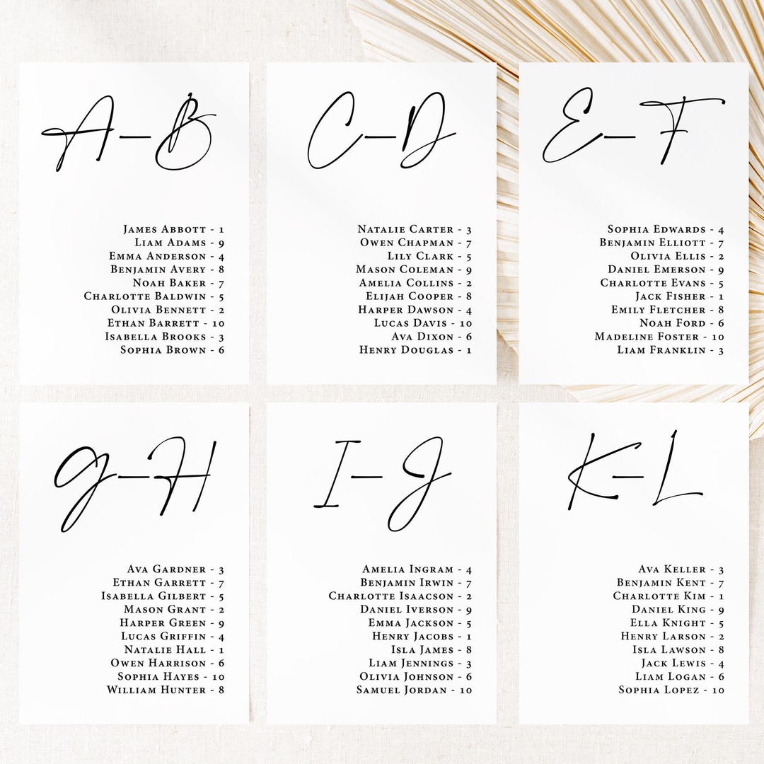 Alphabetical Wedding Seating Chart Cards Printed, 5x7 or 4x6, Reception ...