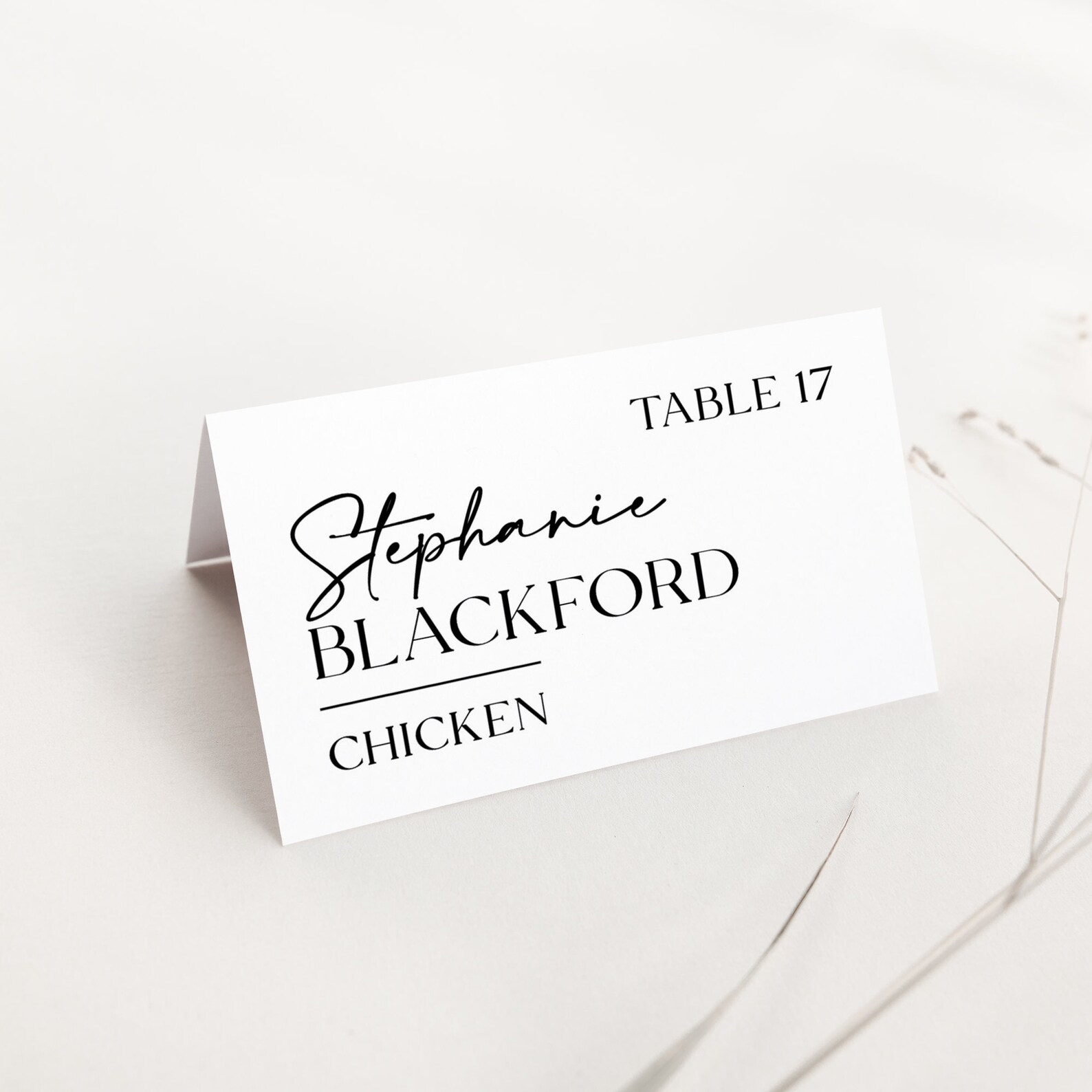 Simple Wedding Place Cards With Meal Choice, Printed Name Cards ...