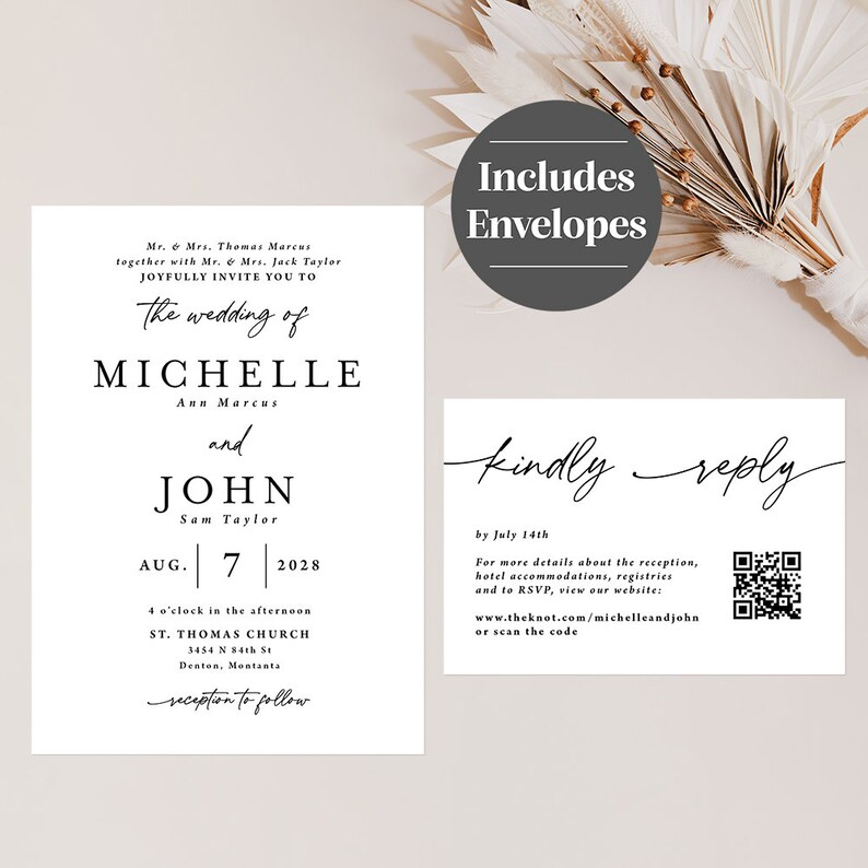Simple Wedding Invitation With QR Code Printed Black and - Etsy