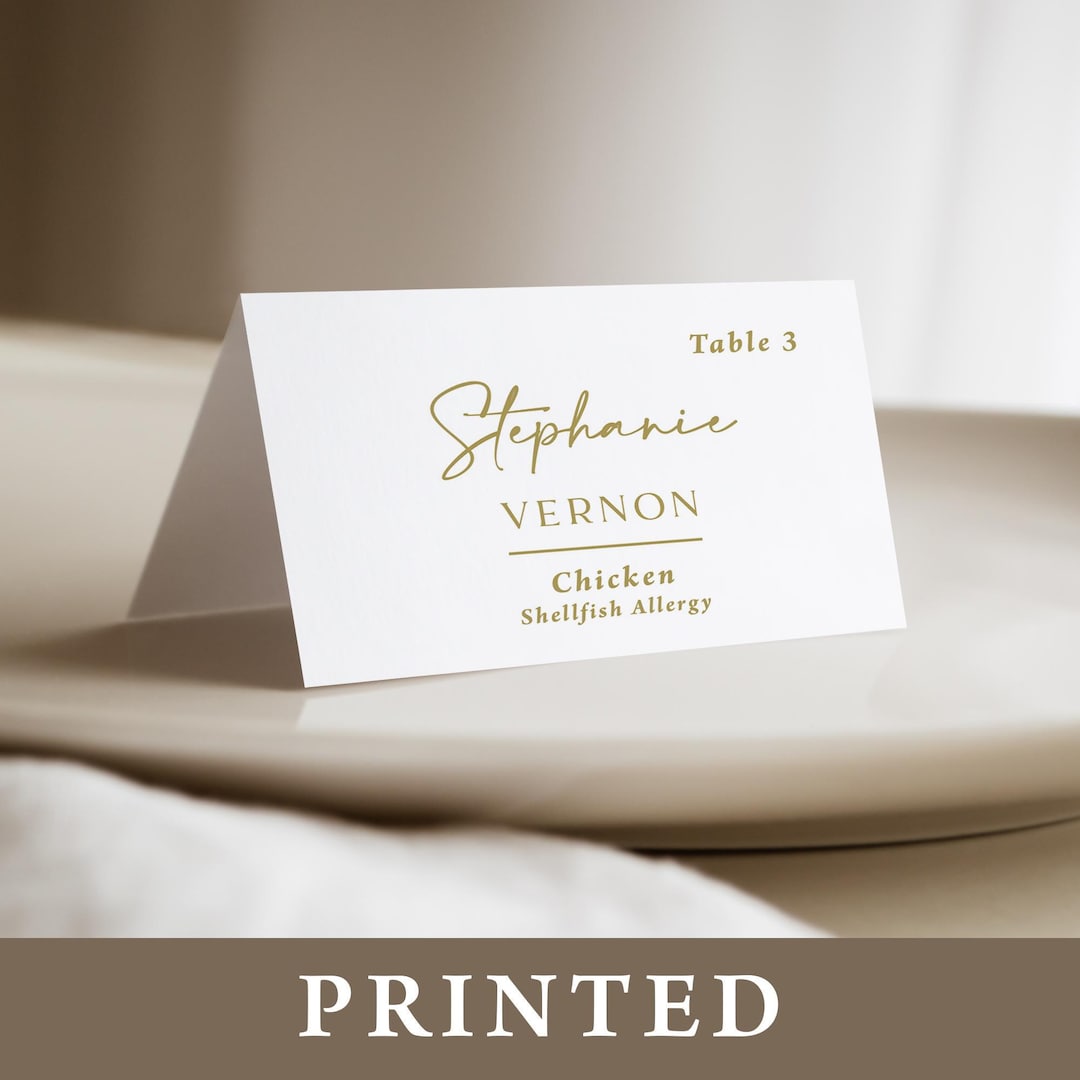 Gold Wedding Place Cards With Meal Choice and Allergies Printed ...