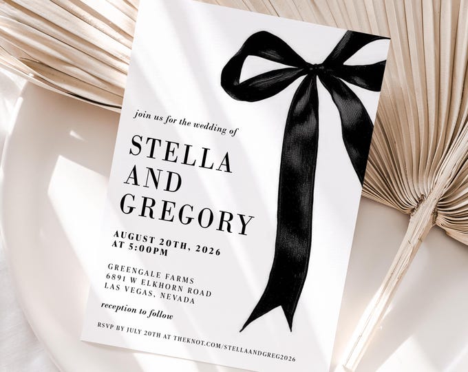 Black Bow Save the Date Card Printed, With Envelopes, Black Ribbon ...