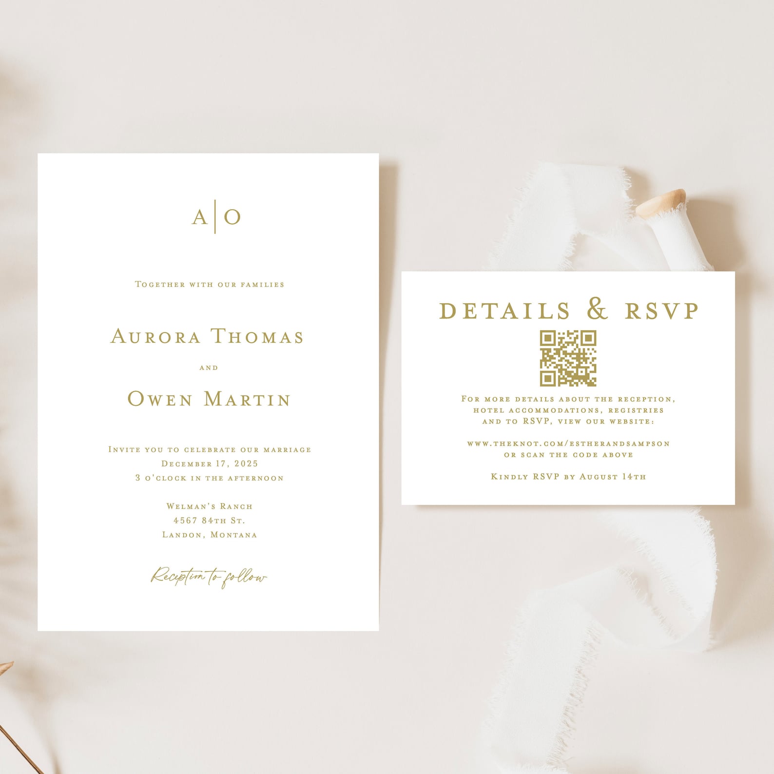 Gold Wedding Invitation With QR Code Printed Simple Wedding - Etsy