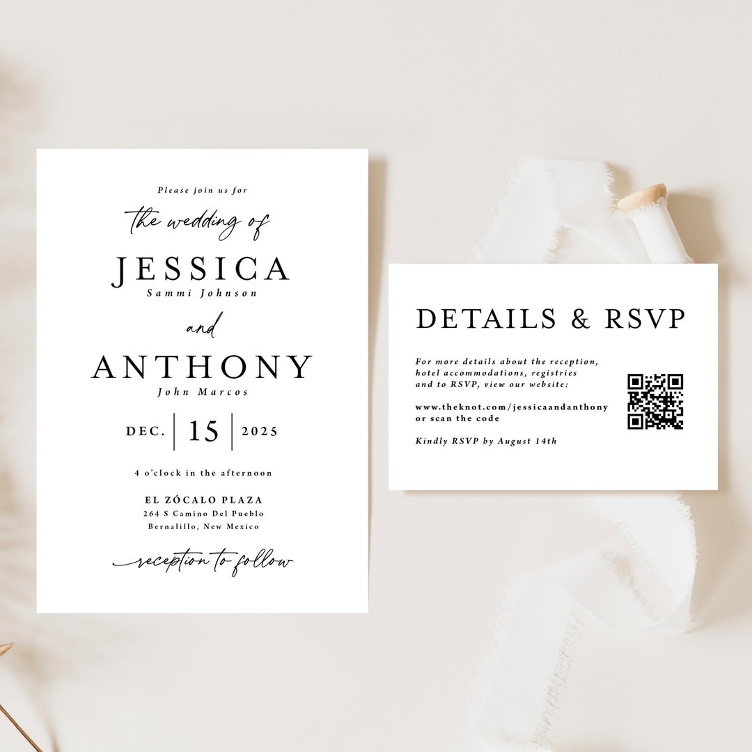 Wedding Invitation With QR Code Printed, Black and White Wedding Invite ...