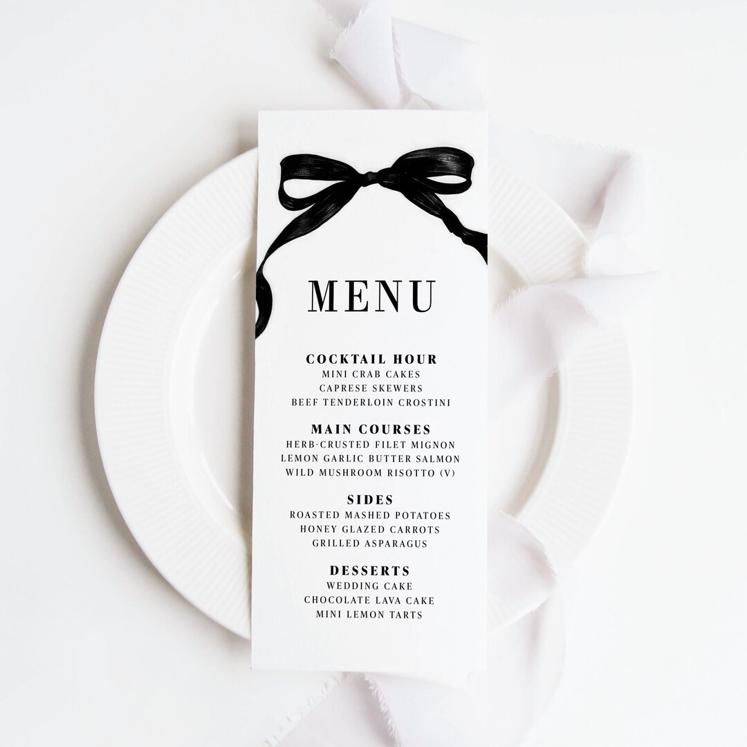 Black Bow Wedding Menu Printed, Dinner Menu Cards, Reception Menu ...