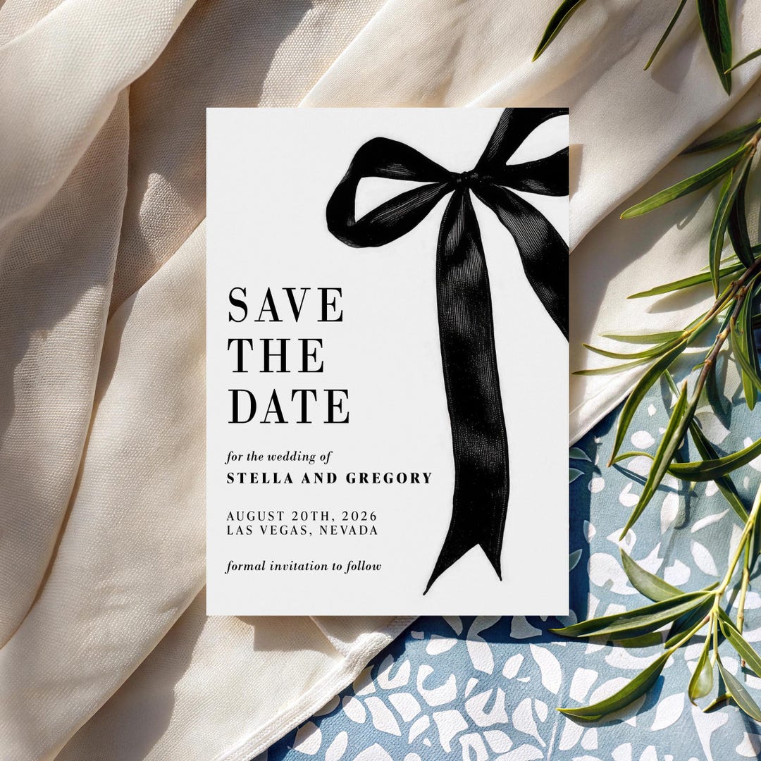 Black Bow Save the Date Card Printed With Envelopes: Modern Minimalist ...