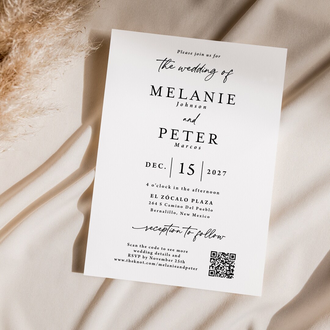 Simple Wedding Invitation With QR Code Rsvp Printed, With Envelopes ...