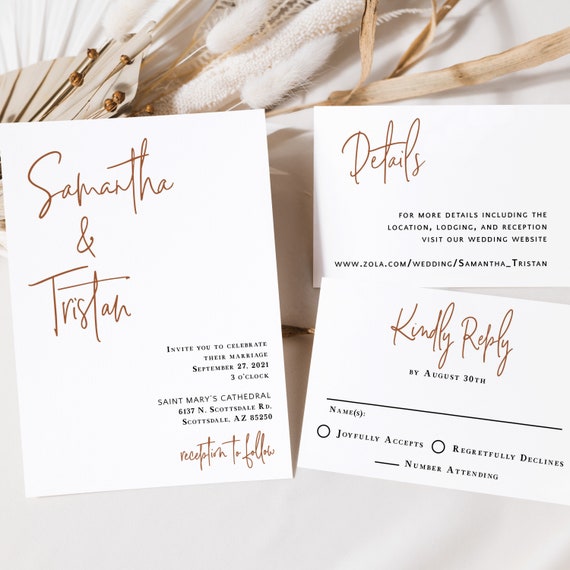 Rust Wedding Invitation Printed Set, rust wedding invite suite, simple ...