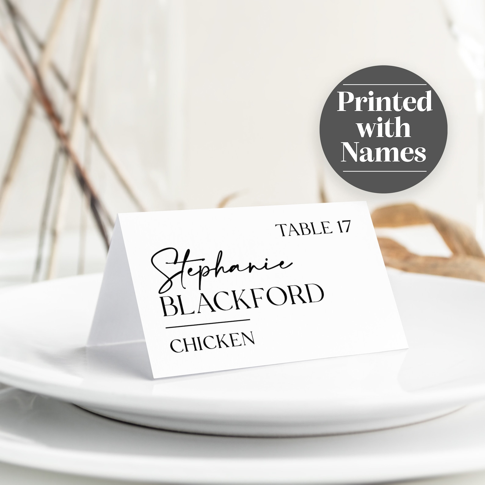 Simple Wedding Place Cards With Meal Choice, Printed Name Cards ...