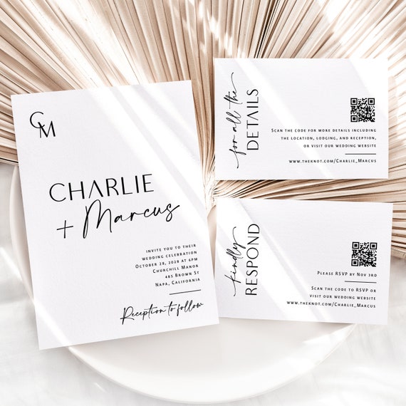 Modern Wedding Invitation Suite, with QR code, printed, with envelopes ...