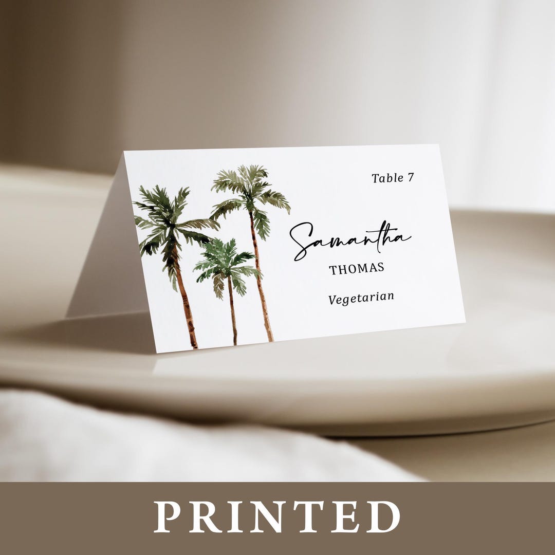 Palm Tree Place Cards With Meal Choice Printed, Place Cards With Names, Modern Beach Wedding ...