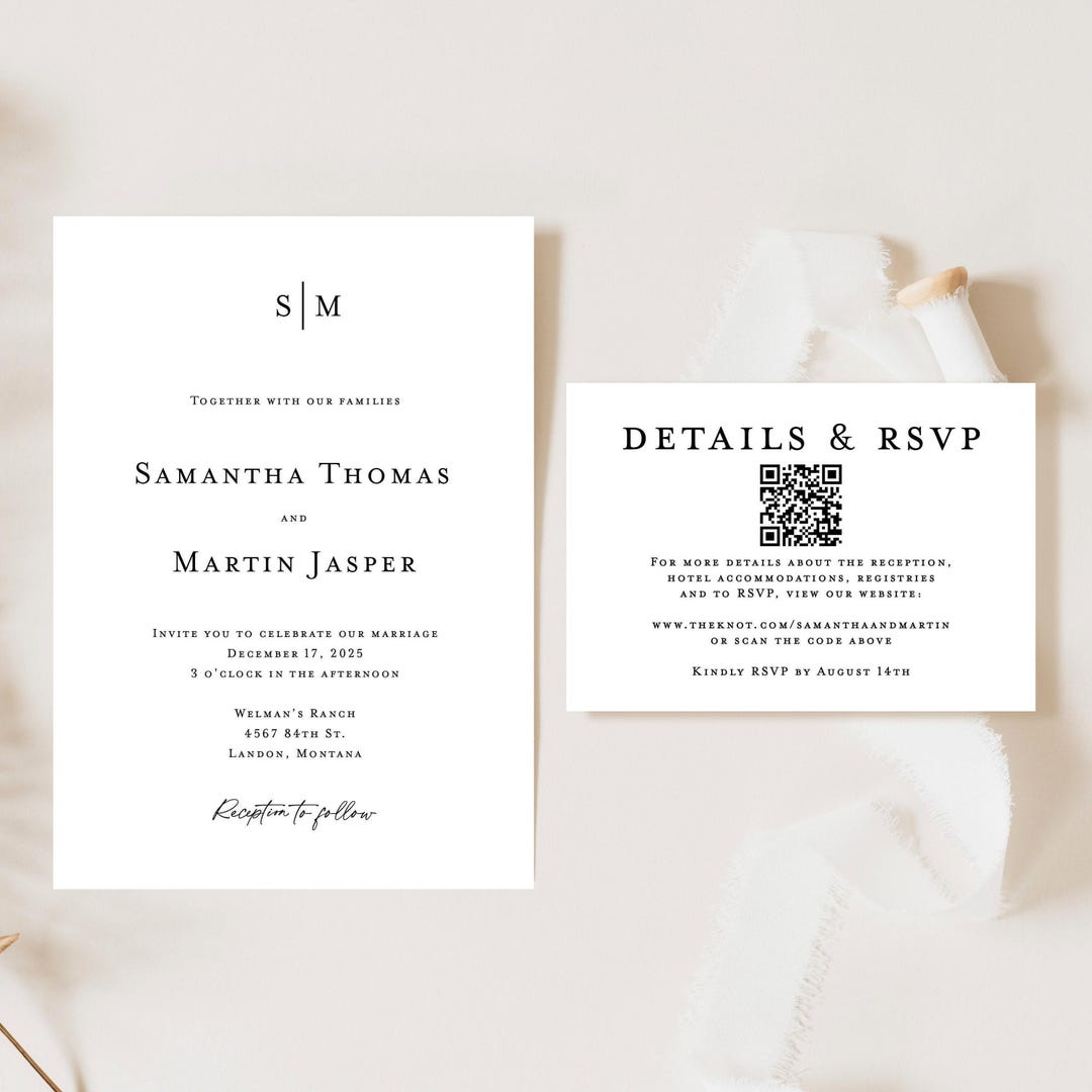 Monogram Wedding Invitation With QR Code Printed, Simple Wedding Invite ...