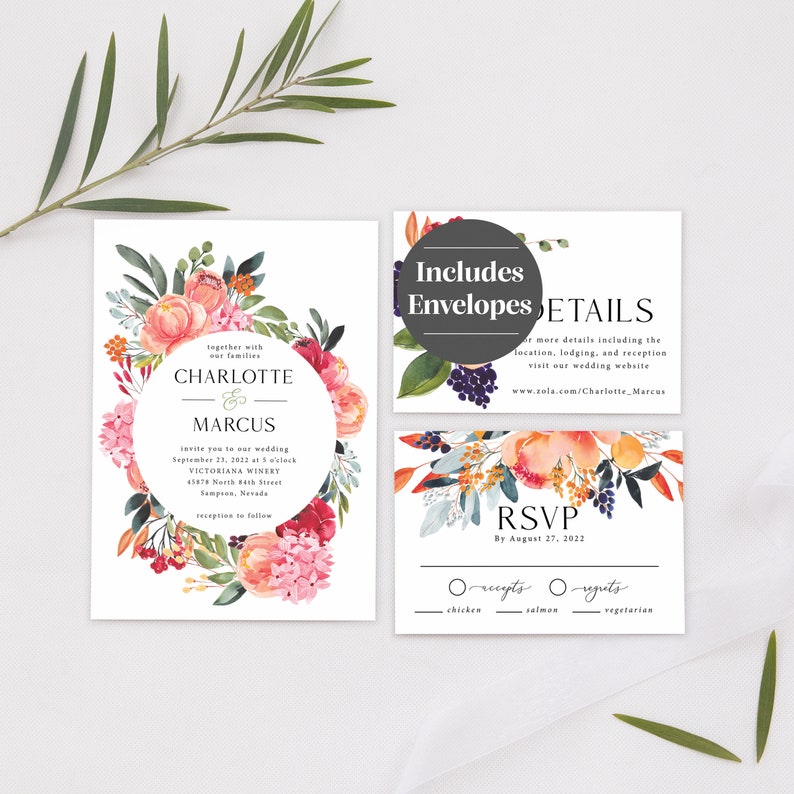 Bright Floral Wedding Invitation Printed Set Summer Wedding - Etsy