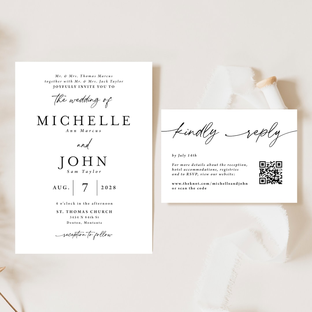 Simple Wedding Invitation With QR Code Printed, Black and White Wedding ...