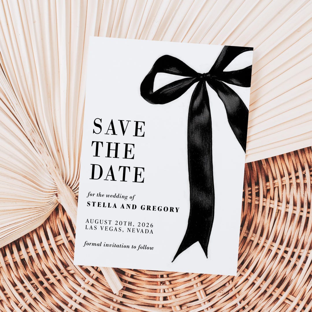 Black Bow Save the Date Card Printed, With Envelopes, Black Ribbon ...