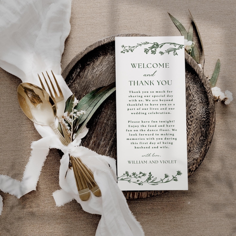 Dark Green Wedding Welcome and Thank You Cards: Personalized Floral ...