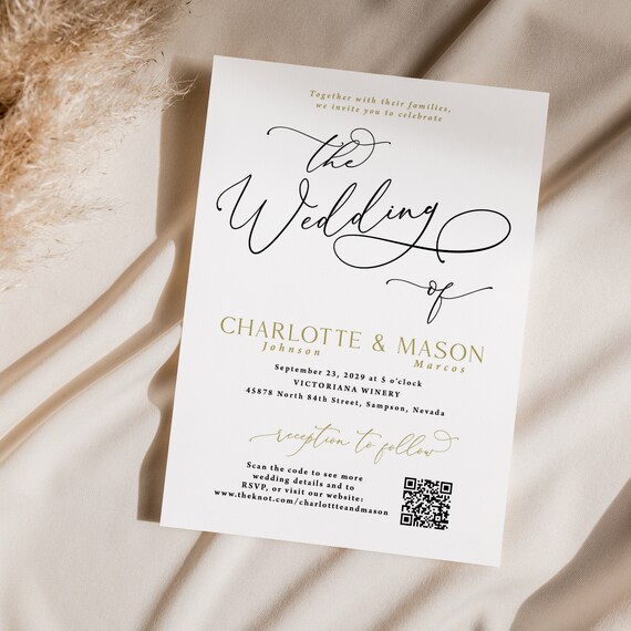 Gold Wedding Invitation with QR code, printed, with envelopes ...
