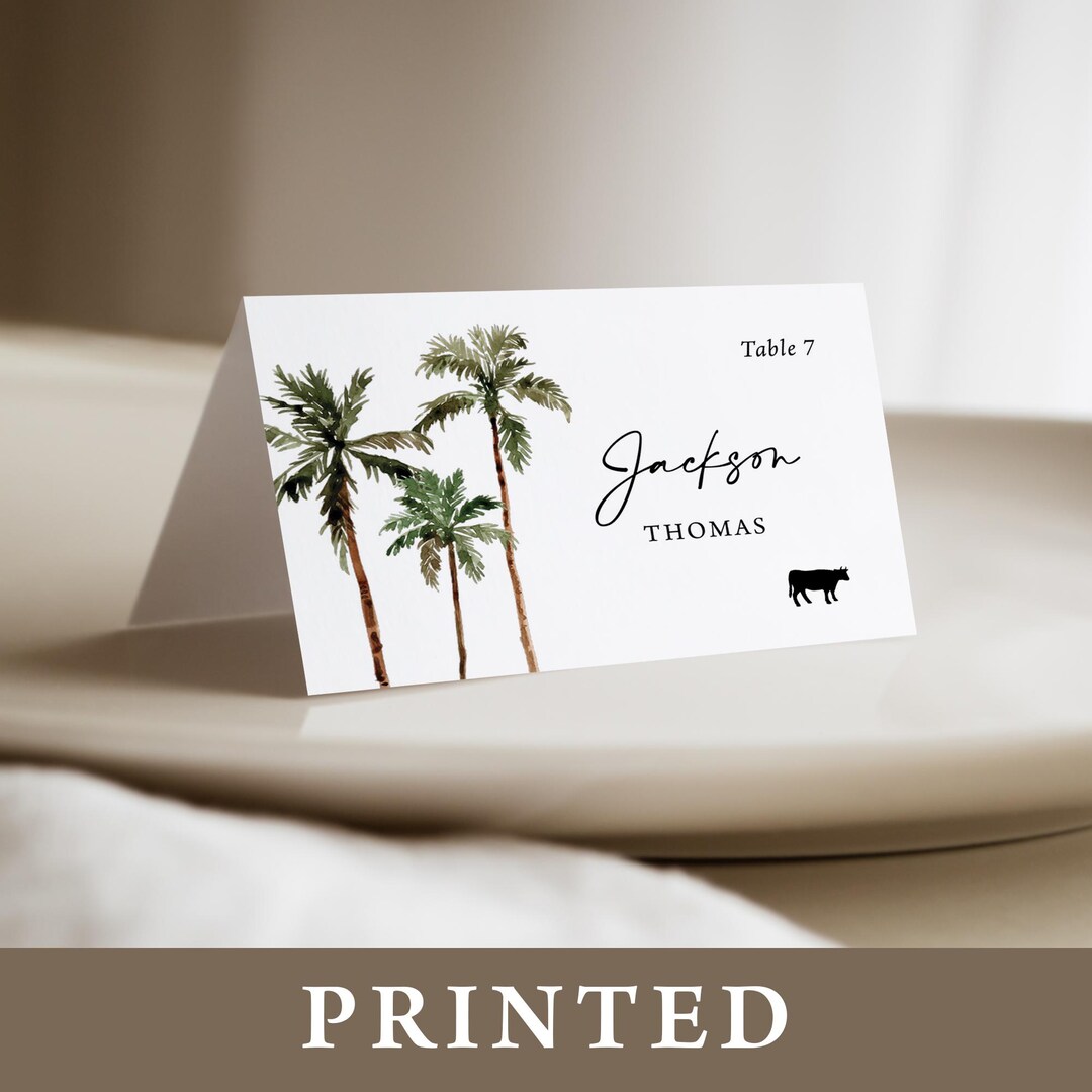 Palm Tree Place Cards With Meal Icon Printed, Tropical Name Cards ...
