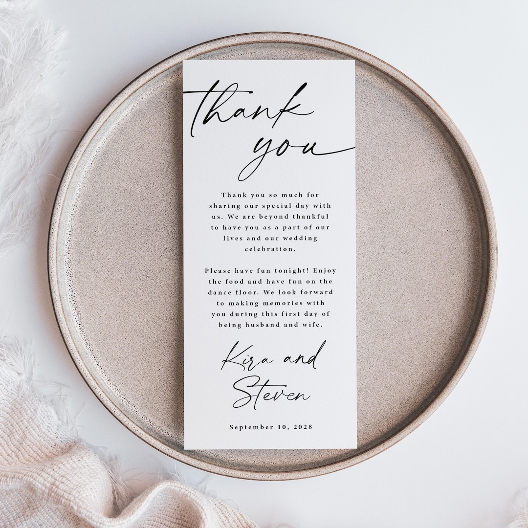 Simple Wedding Table Thank You Cards, Reception Welcome Plate Place ...