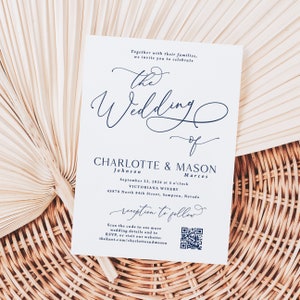 Navy Blue Wedding Invitation With Qr Code Rsvp Printed, Includes ...