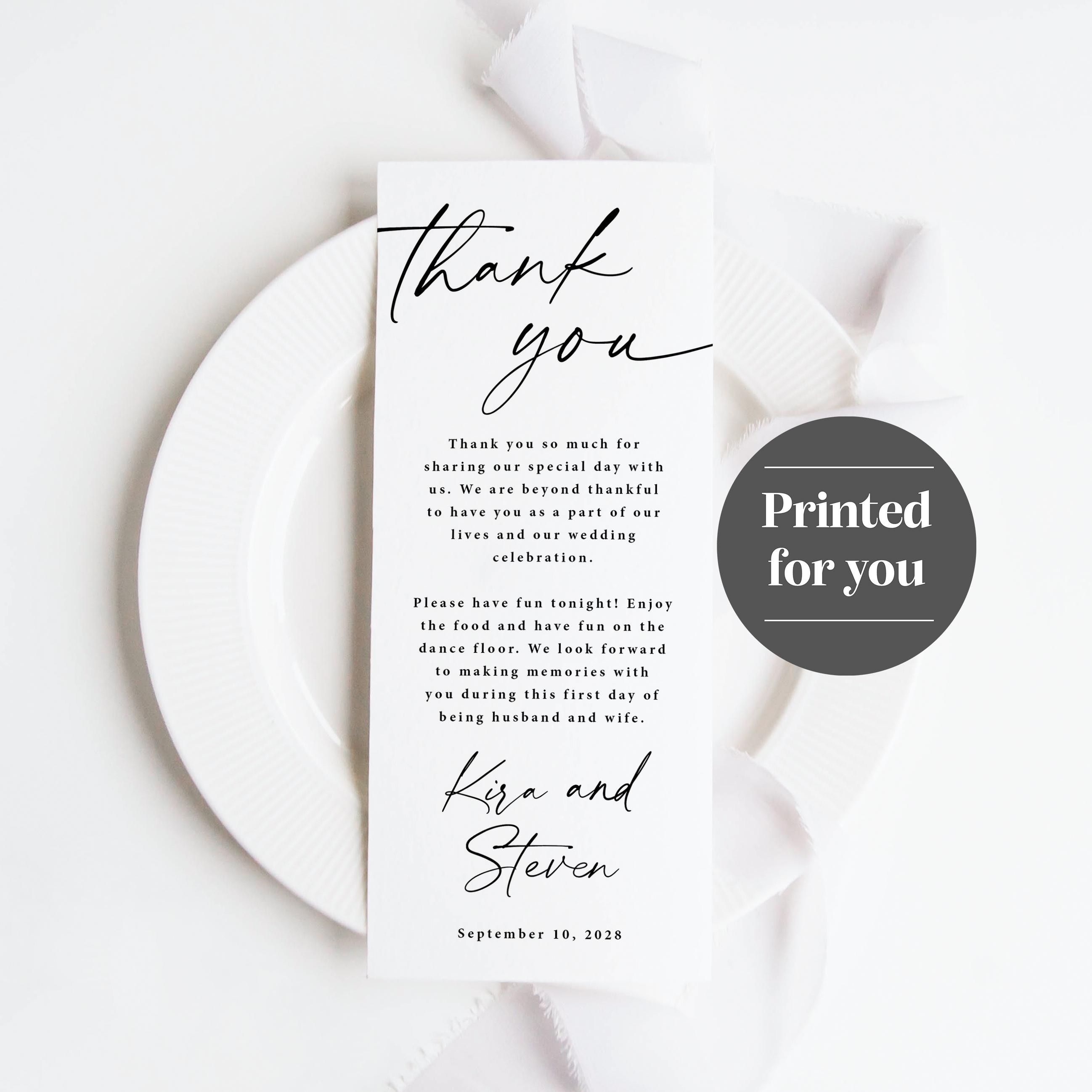 Simple Wedding Table Thank You Cards, Reception Welcome Plate Place ...