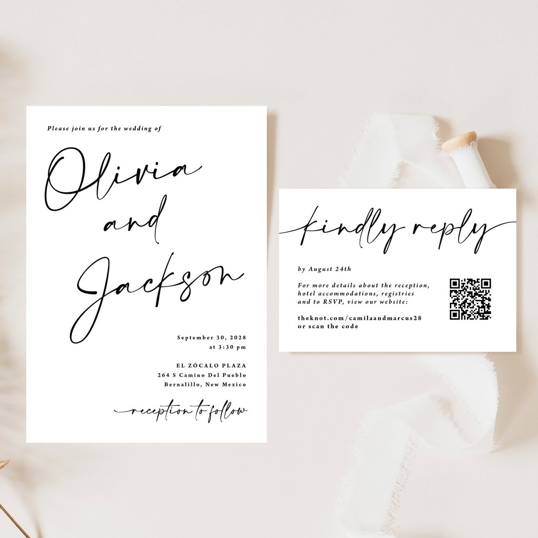 Simple Wedding Invitation With QR Code Printed, Black and White Wedding ...