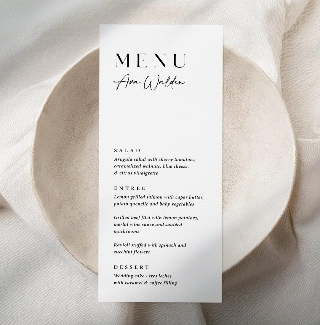 Simple Wedding Menu With Guest Names Printed, Wedding Reception ...