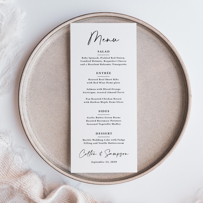 Simple Wedding Reception Menu Printed: Black and White Rehearsal Dinner ...
