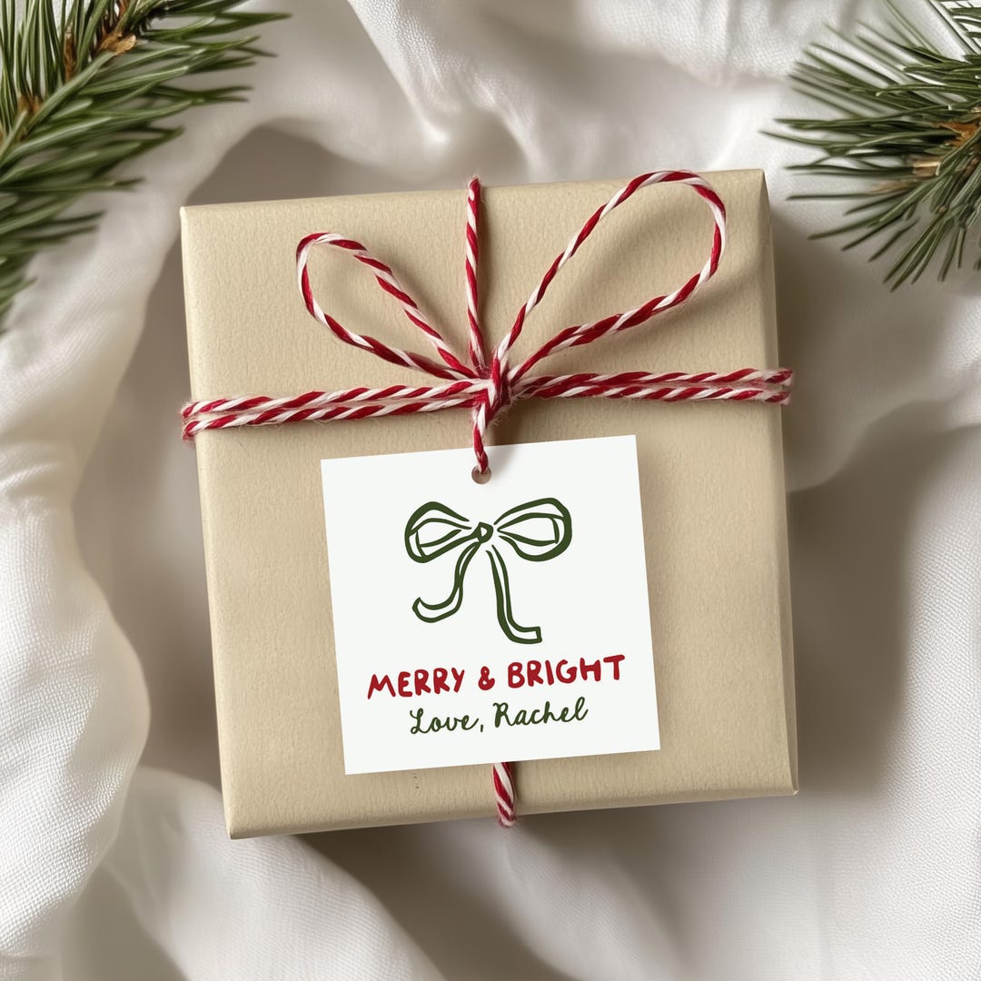 Whimsical Christmas Gift Tag Printed, Personalized Bow Name Tag, Hand ...