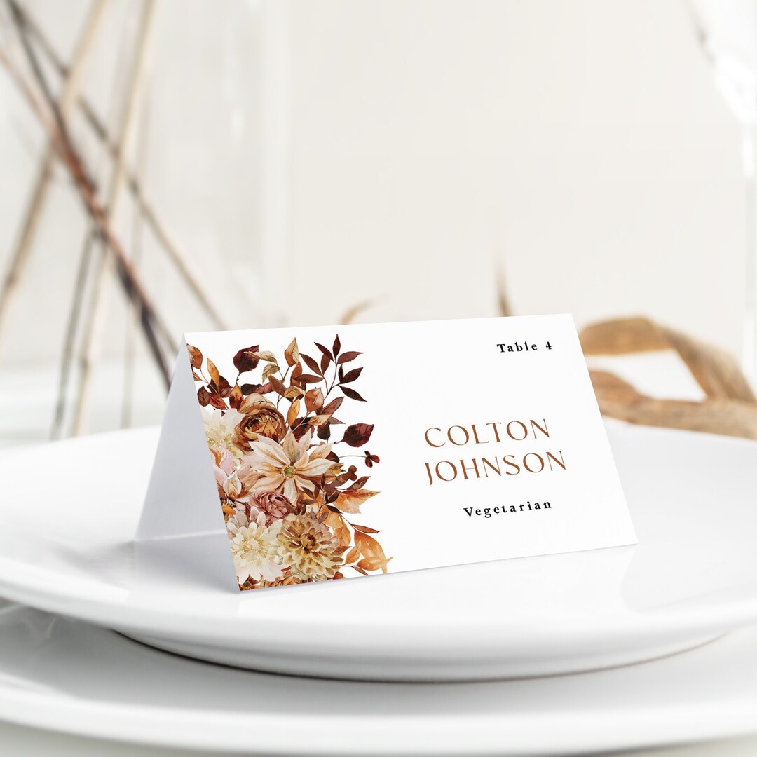 Fall Wedding Place Cards With Meal Choice Printed, Place Cards With ...
