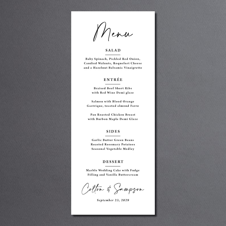 Simple Wedding Reception Menu Printed: Black and White Rehearsal Dinner ...