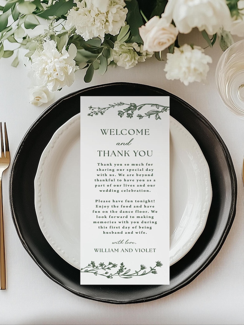 Dark Green Wedding Welcome and Thank You Cards: Personalized Floral ...