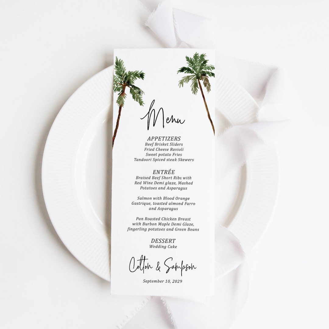 Palm Tree Wedding Menu Printed, Printed Menu Cards, Dinner Menu Cards ...