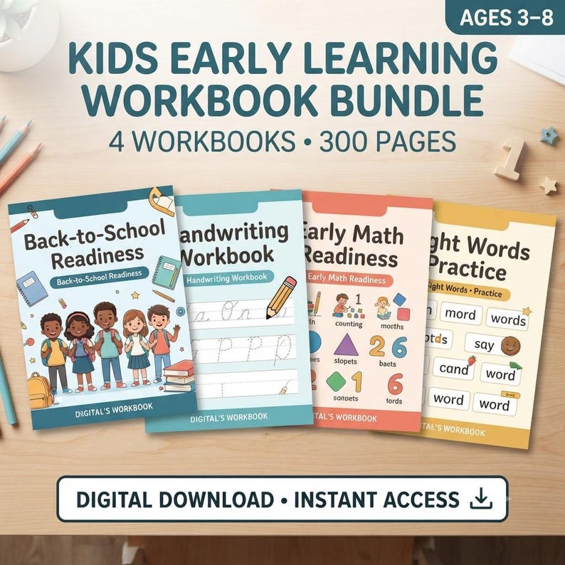 Kids Learning Workbook Bundle | Handwriting, Math, Sight Words & School ...