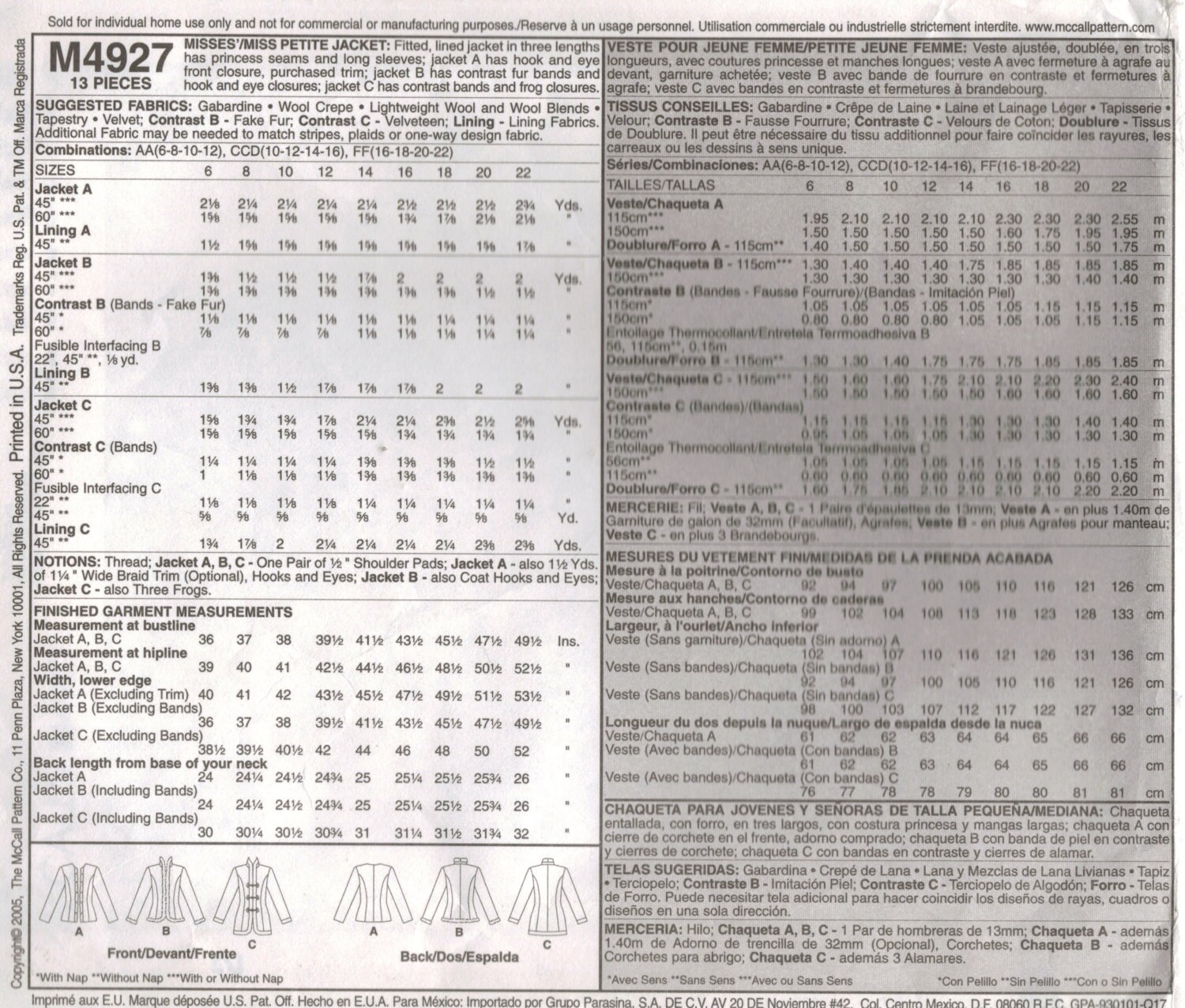 Mccall's Sewing Pattern M4927 Misses' Jacket 6-12 - Etsy