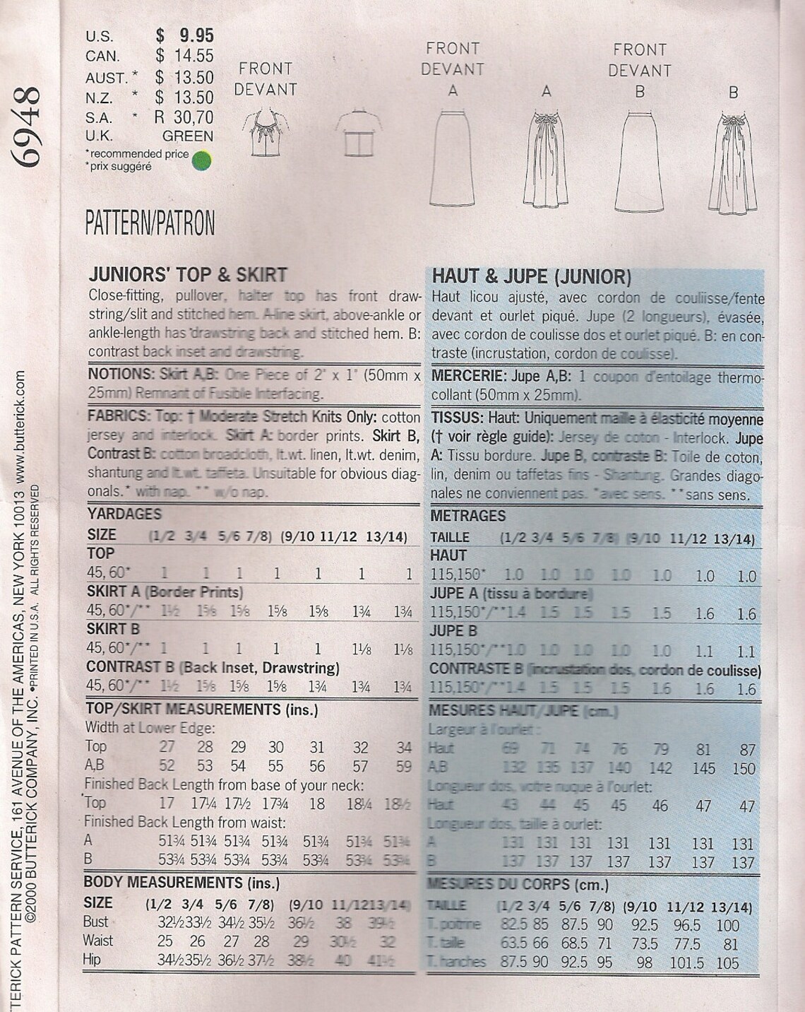 Butterick Sewing Pattern 6948 Junior's Top and Skirt 9-14 - Etsy