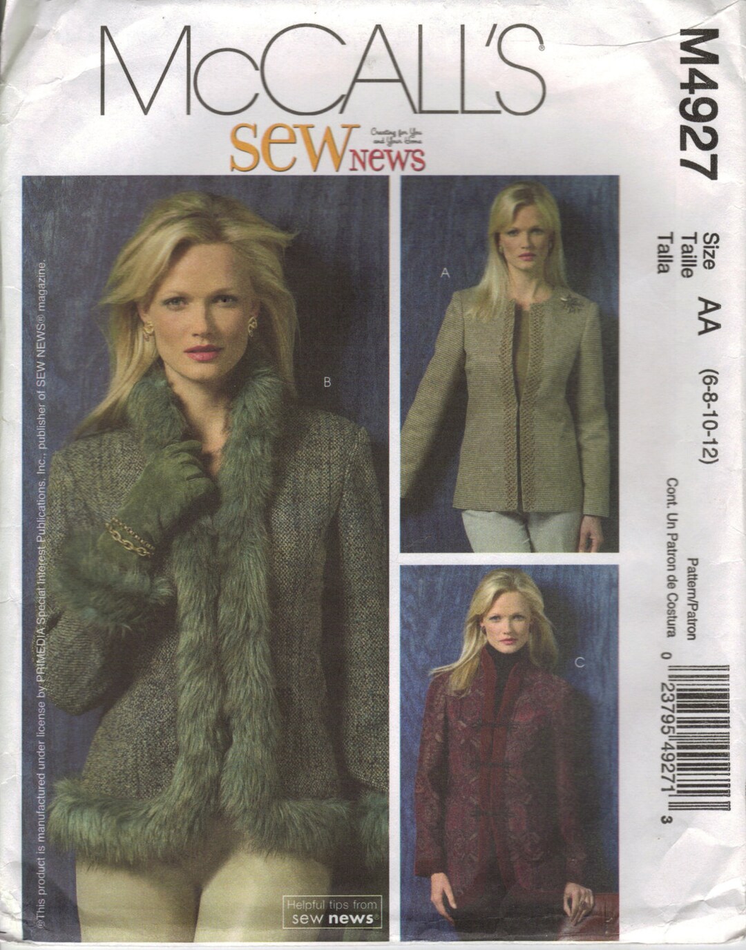 Mccall's Sewing Pattern M4927 - Misses' Jacket (6-12) - Etsy