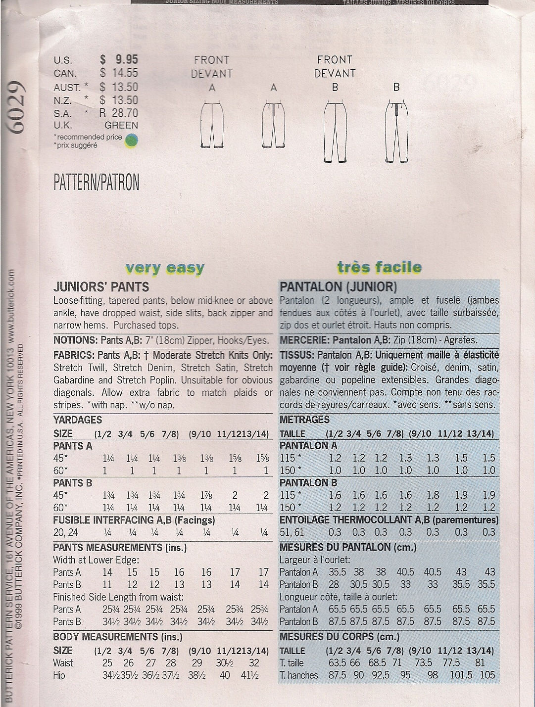Butterick Sewing Pattern 6029 Junior Girls' Pants 1-8, 9-14 - Etsy
