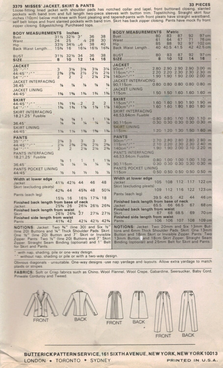 Butterick Sewing Pattern 3379 Misses' Jacket Skirt and - Etsy