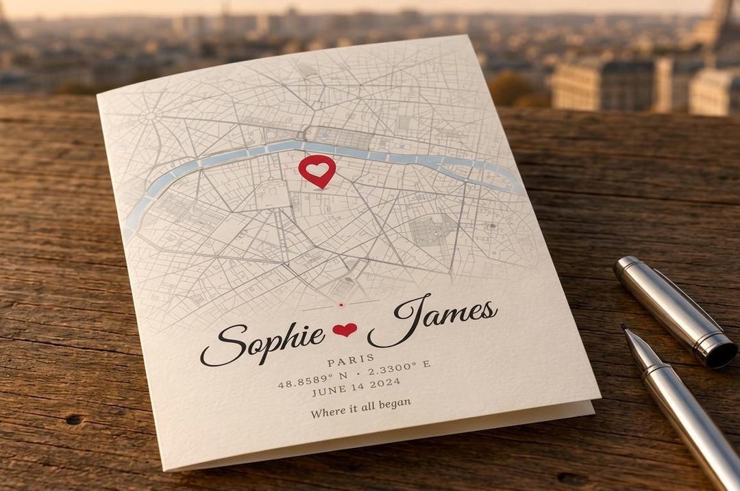 Custom Map Greeting Card, Anniversary Keepsake, First Date Location ...