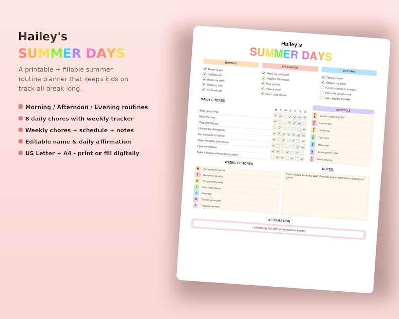 Summer Planner for Kids 2026 | Editable Printable Kids Summer Routine ...