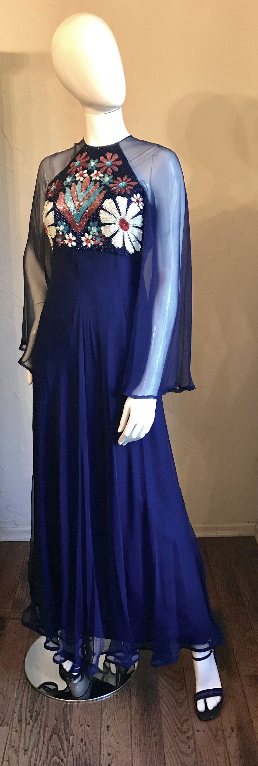 1960s Saz Surjit & Adarsh Gill Navy Blue Silk Chiffon Sequin - Etsy