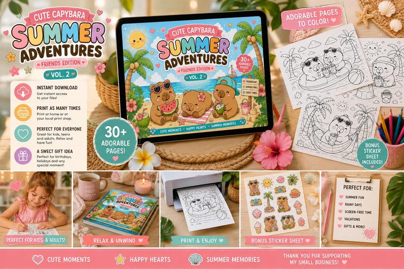 Capybara Summer Adventures Coloring Book | Tropical Friends, Kawaii PDF ...
