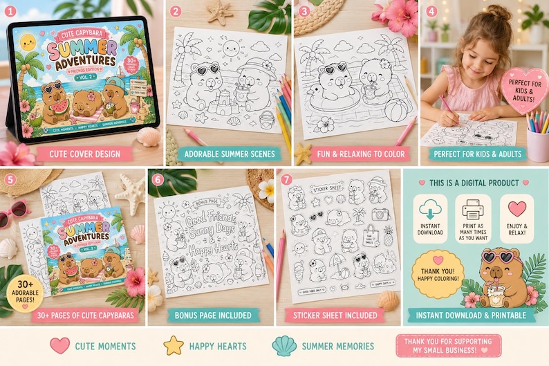 Capybara Summer Adventures Coloring Book | Tropical Friends, Kawaii PDF ...