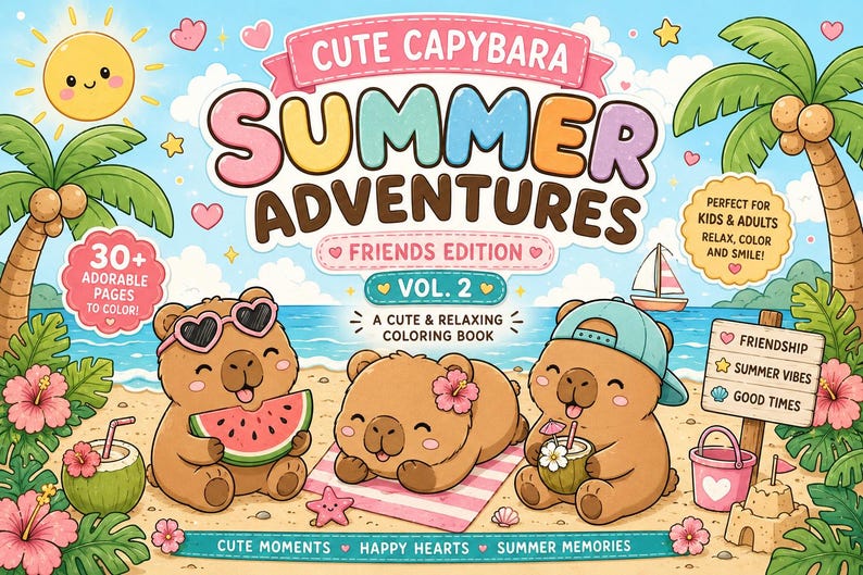 Capybara Summer Adventures Coloring Book | Tropical Friends, Kawaii PDF ...