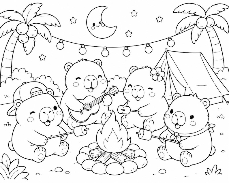 Capybara Summer Adventures Coloring Book | Tropical Friends, Kawaii PDF ...